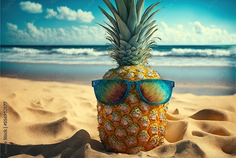 Summer Pineapple with sunglasses on the sand beach beautiful blue sky ...