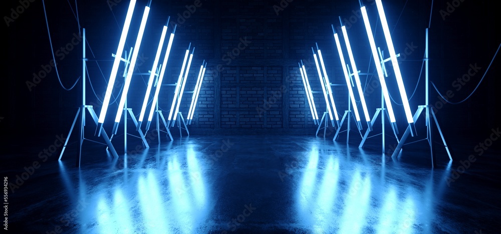 Sci Fi Alien Cyber Dark Hallway Room Corridor Neon Blue Lights On ...