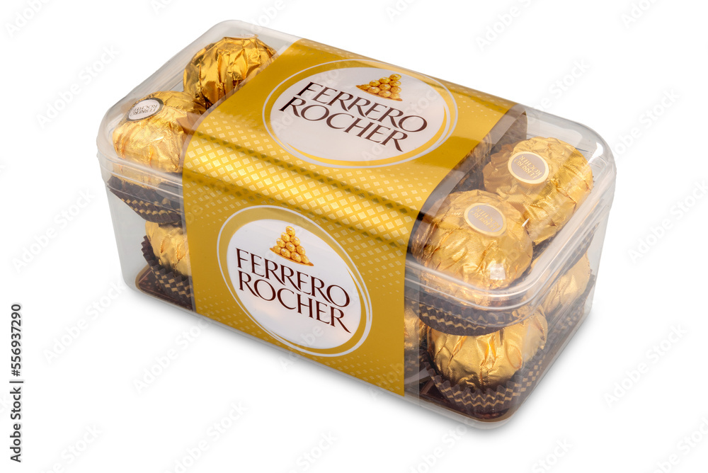 Italy - december 25, 2022: transparent box with many Ferrero Rocher ...