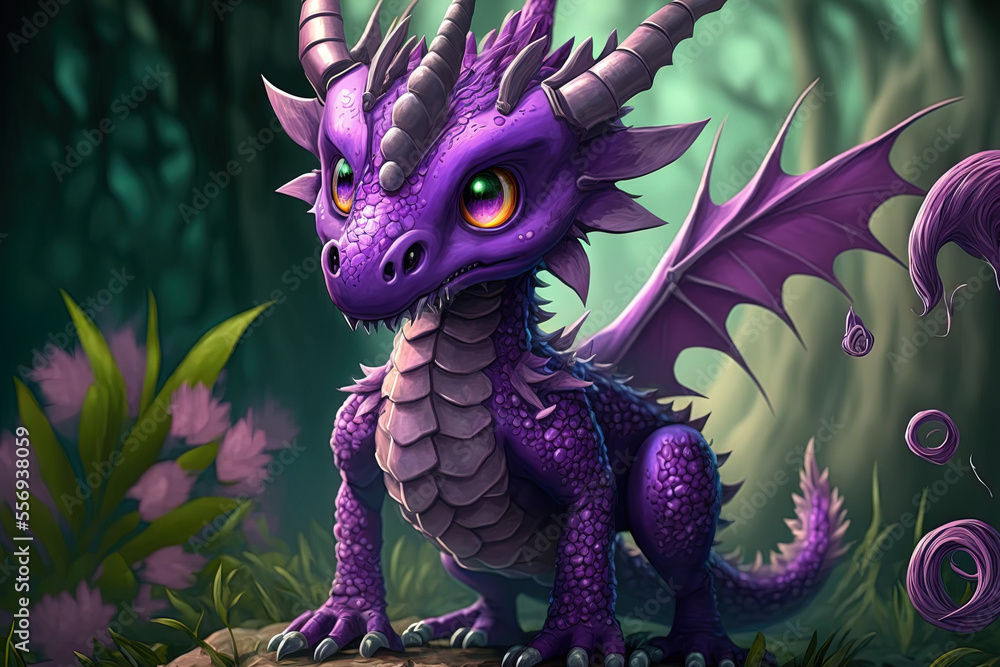 Purple dragon cartoon character is adorable. Generative AI Stock Illustration | Adobe Stock