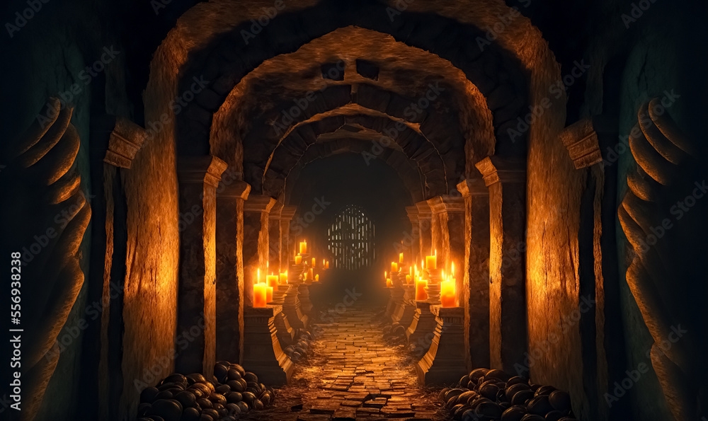 Fantasy Scary endless medieval catacombs with torches. Mystical ...