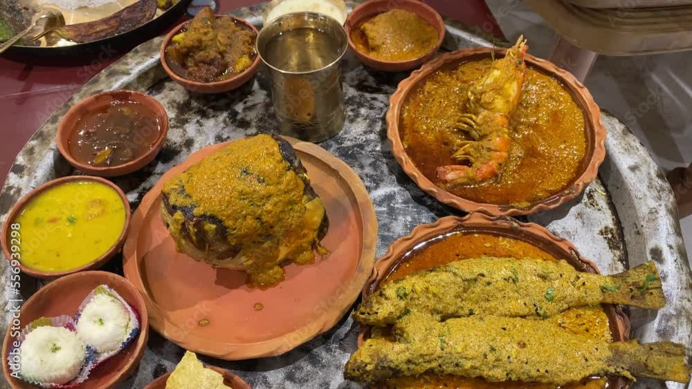 Close up top shot of Bengali food decorated in plate. Bengali Thali ...