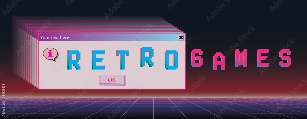 Retro games banner with 1990's computer system window against the ...