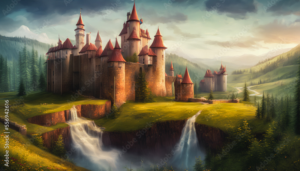 An breathtaking painting of a majestic castle set against the backdrop ...