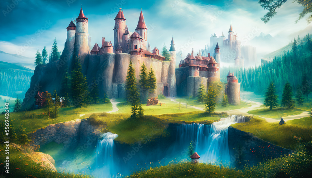 Ilustrace „An breathtaking painting of a majestic castle set against ...