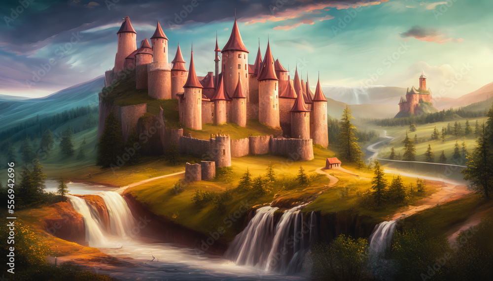 An breathtaking painting of a majestic castle set against the backdrop ...