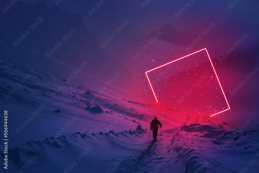 Square glow object in the dark mountain landscape Stock Photo | Adobe Stock