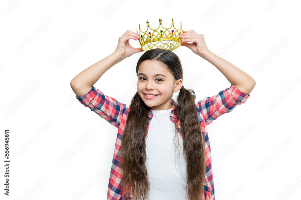 happy teen princess girl isolated on white. teen princess girl in ...