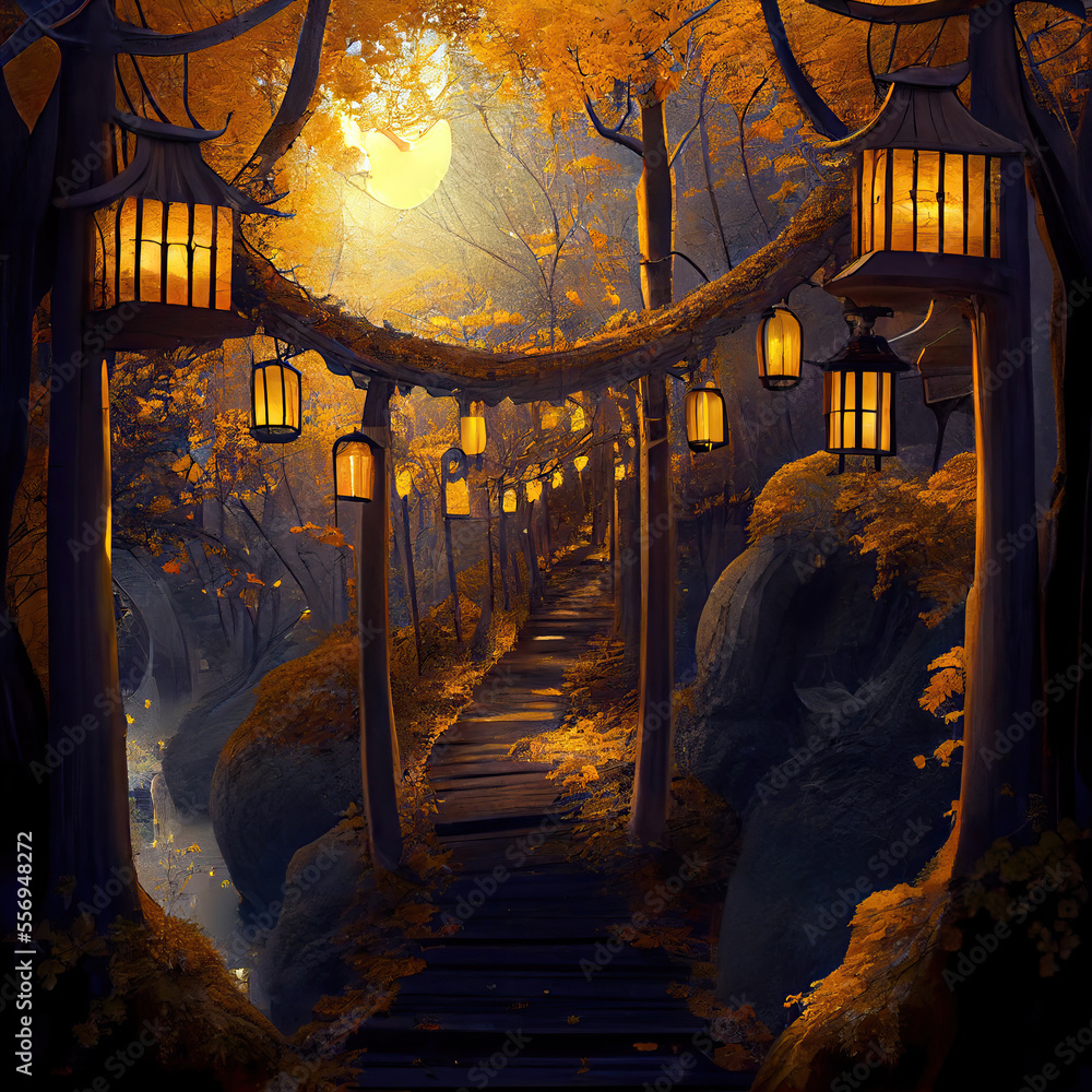 Elven in yellow forest hanging lanterns, walkway and bridge. Concept ...