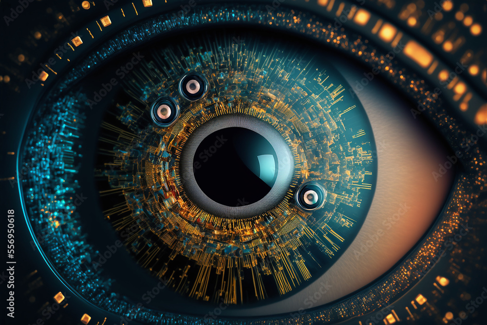 Technological human eye close up with a microchip and a computer ...