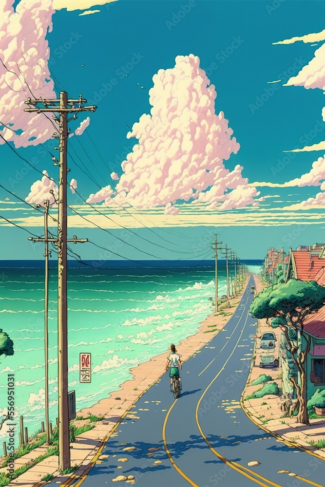 90's Japanese animation style beach landscape, retro concept ...