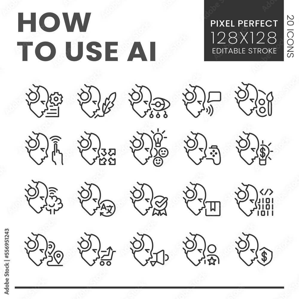 Vetor De How To Use AI Big Pixel Perfect Linear Icons Set Artificial vetor-de-how-to-use-ai-big-pixel-perfect-linear-icons-set-artificial