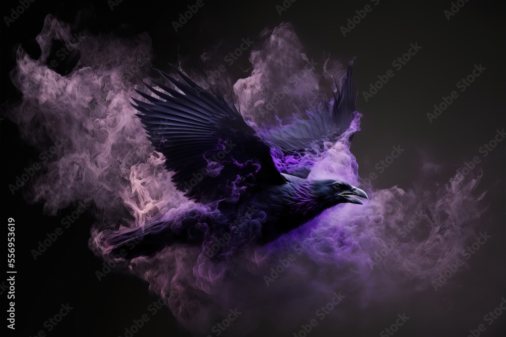Black raven flying. Black crow. Evil bird. Glowing wings. Misty and smokey purple smoke, fire ...
