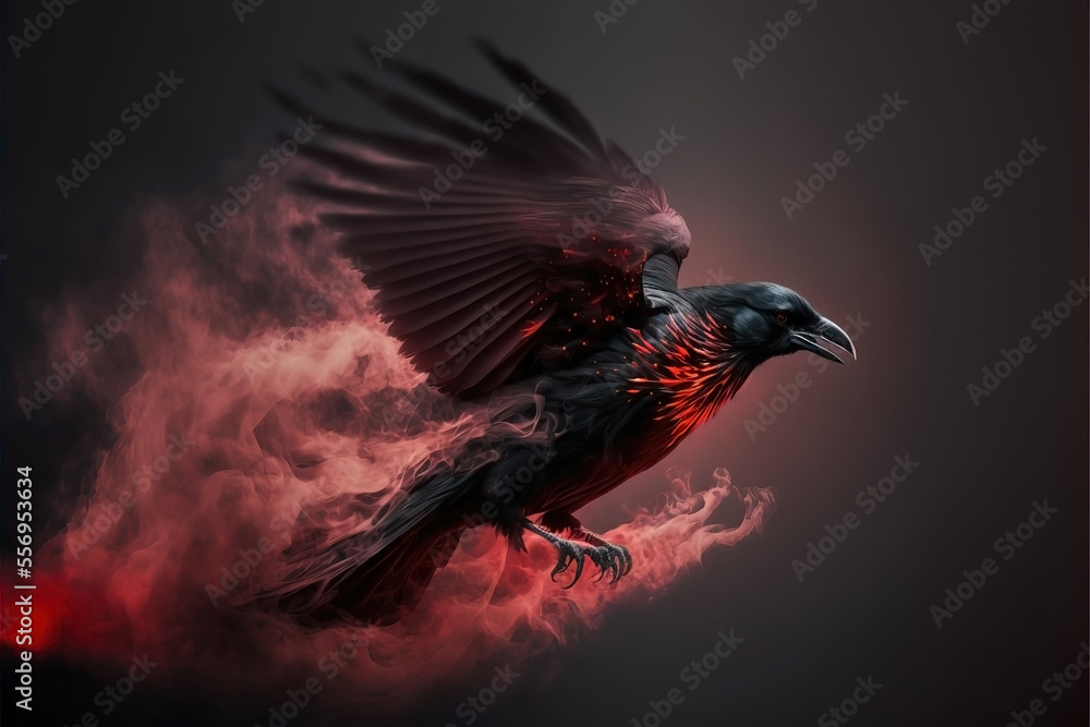 Black raven flying. Black crow. Evil bird. Glowing wings. Misty and ...