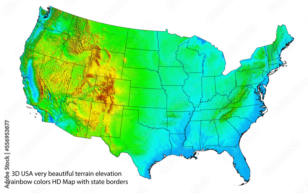 D USA very beautiful terrain elevation rainbow colors HD Map with state ...