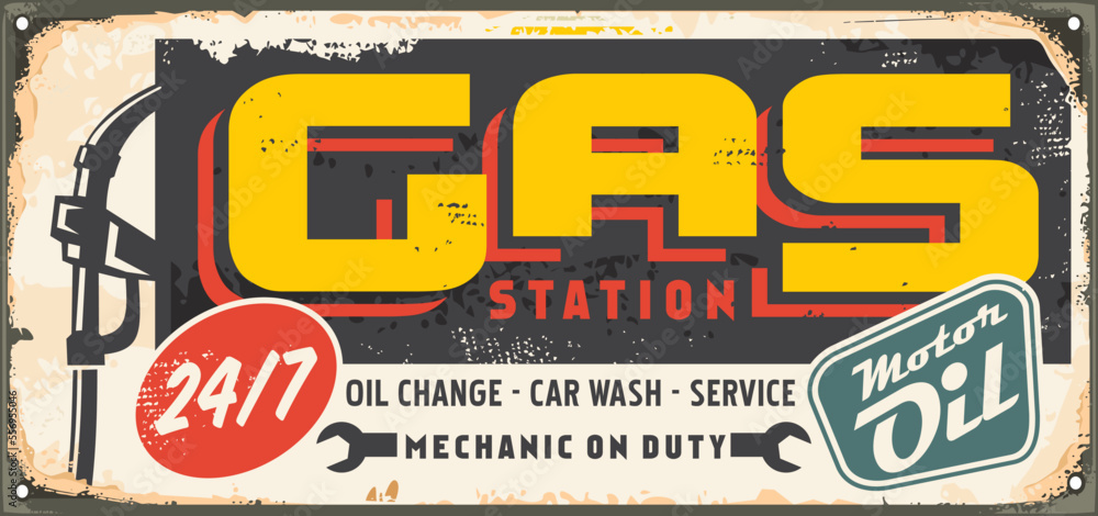Vintage transportation sign for gas station. Fuel and car service road ...