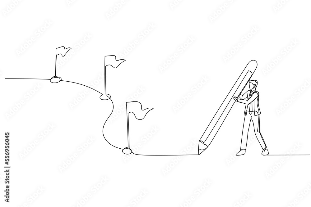 Drawing of businessman using pencil draw line with flag as milestones ...