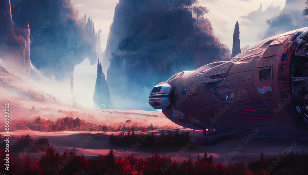 A majestic painting of a crashed spaceship in the midst of a forest ...