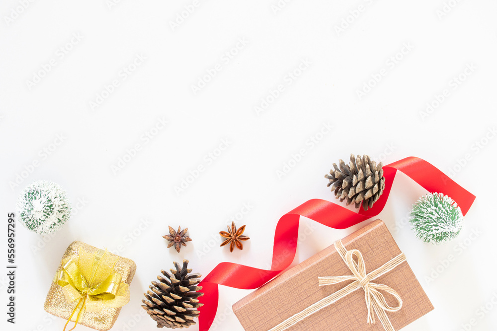 Christmas present brown gifts box and decorating elements on white ...