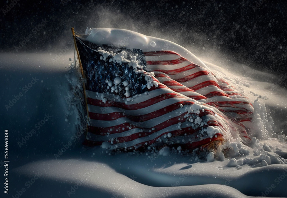 The frozen American flag waved stubbornly in the winter storm; a ...