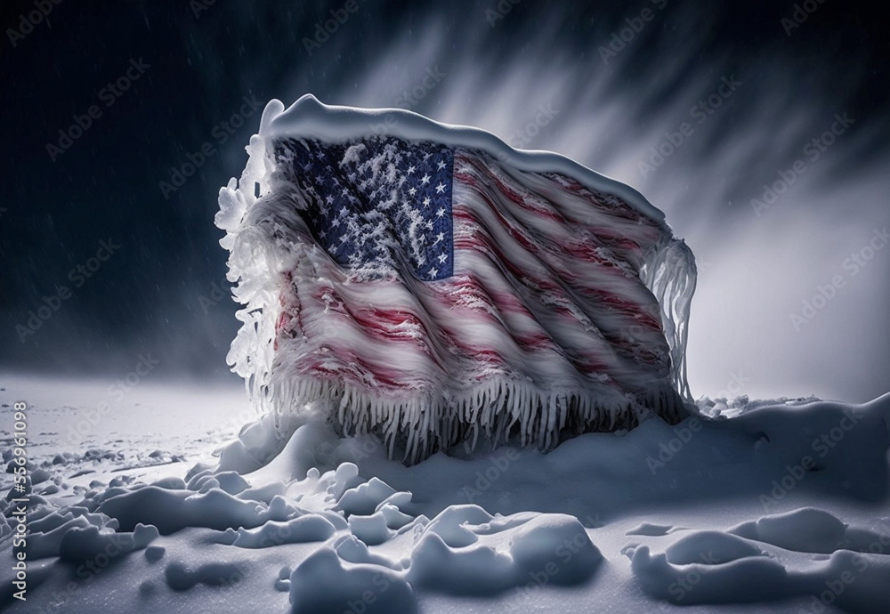 The frozen American flag waved stubbornly in the winter storm; a ...