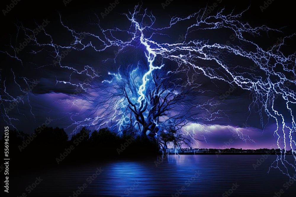Blue lightning bolts in the nighttime sky caused by electric storms ...