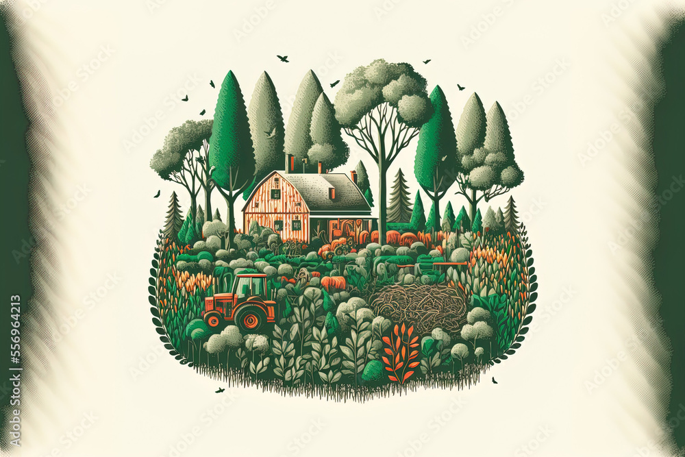 agriculture, a farm, and a garden. Illustration in form of a tractor, a ...