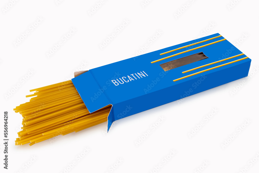 Bucatini pasta in blue cardboard box, big perforated spaghetti coming ...