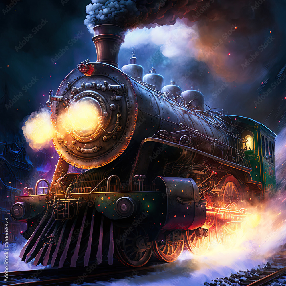 fantasy steam locomotive on train rail at night. generative ai Stock ...