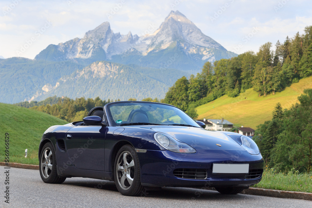 Berchtesgaden, Germany - July 25, 2021: Blue roadster Porsche Boxster ...