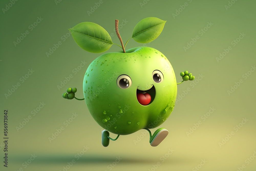 green apple themed cute character, happy, jumping, smooth surface. Generative AI Stock ...