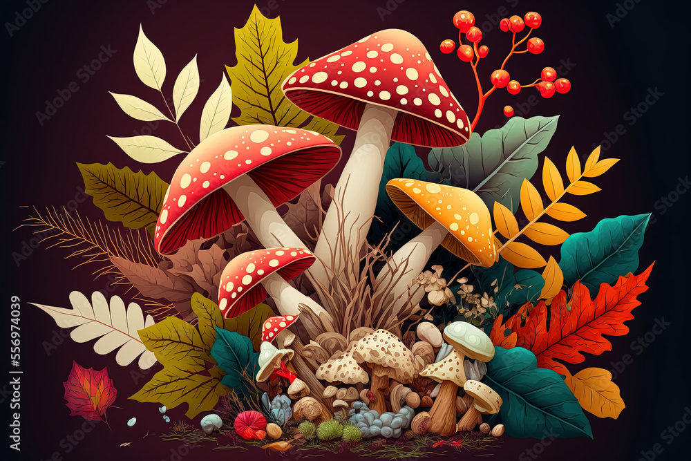 compositions with mushrooms Fungi in the forest with plants Russula cap ...
