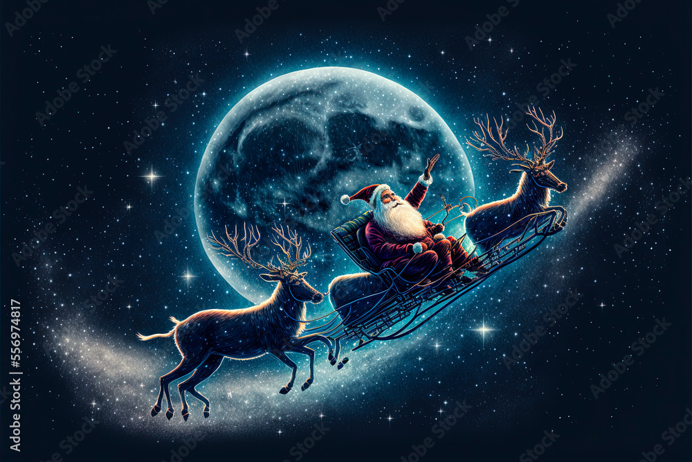 Photo & Art Print Santa Claus flying in sleigh with reindeers above ...