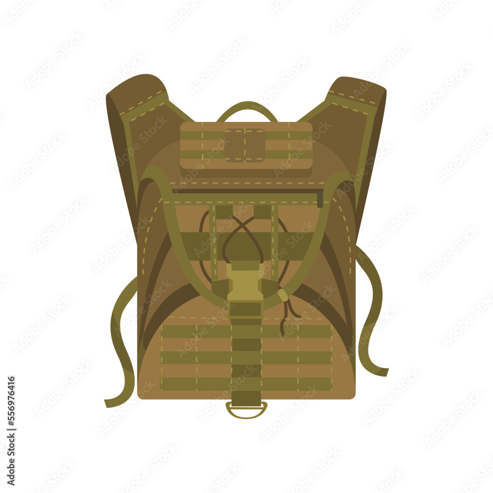 Camouflage camping backpack cartoon illustration. Green knapsack for ...