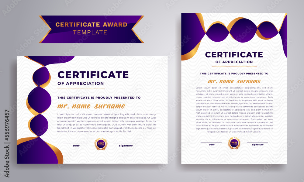 Modern Dynamic Diploma award certificate template design. Purple and gold color certificate ...