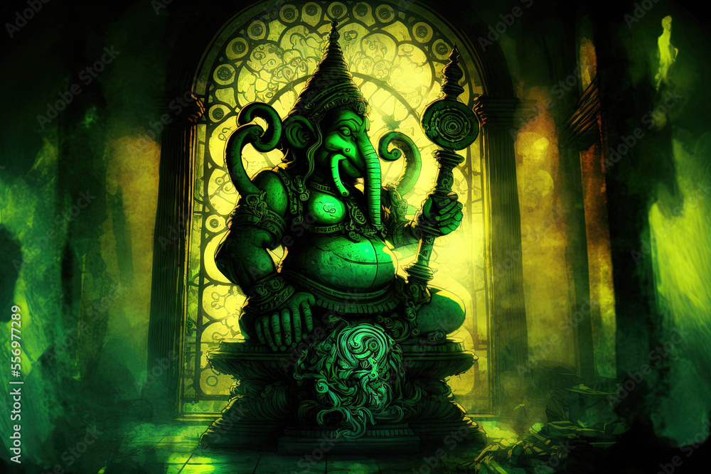 Filmic depiction of the Green Ganesh Lord at a Hindu temple. Generative ...