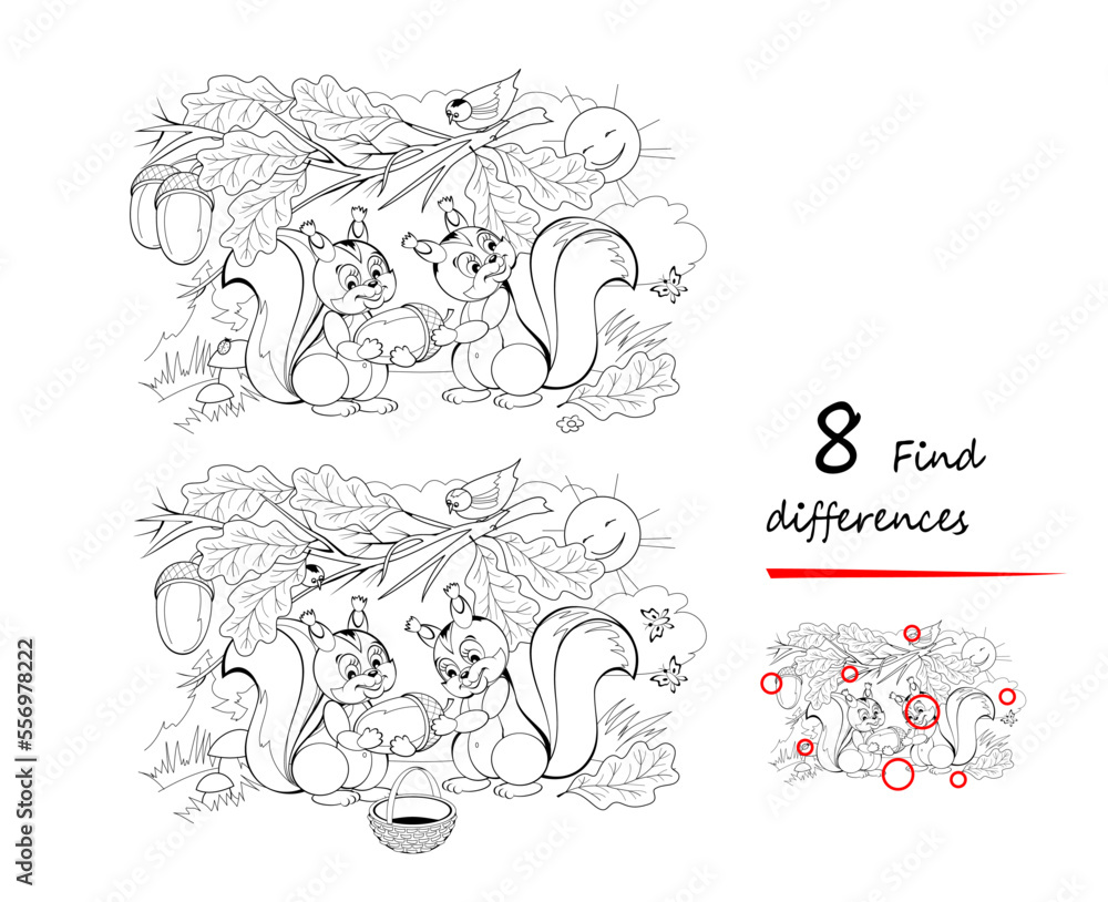 Find 8 differences. Black and white illustration of squirrels ...