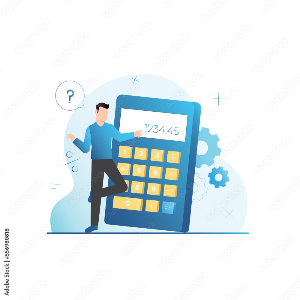 Vector man with question on large calculator counts numbers, presses ...
