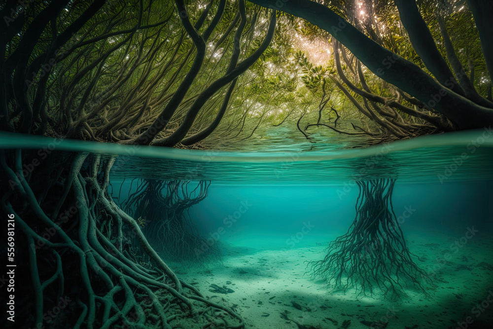 Underwater photograph of a mangrove forest with flooded trees, an ...