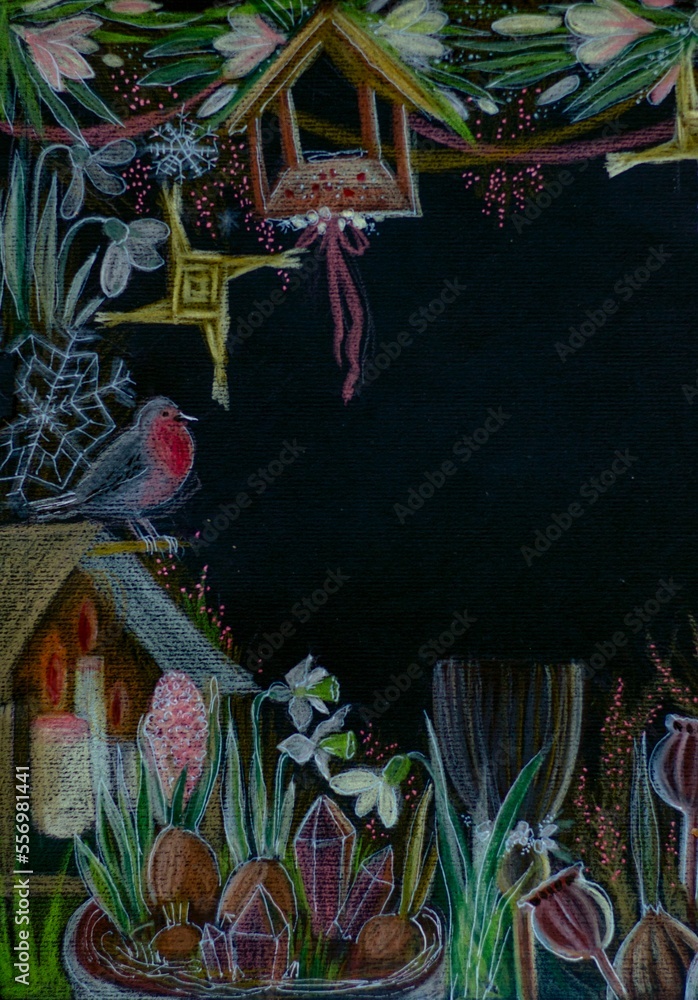 Imbolc symbols on a black background drawing with colored pencils Stock ...