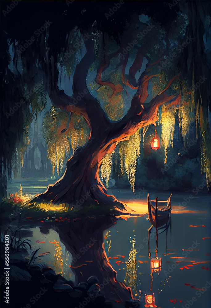 fantasy landscape with willow tree and lake, Generative AI Stock ...