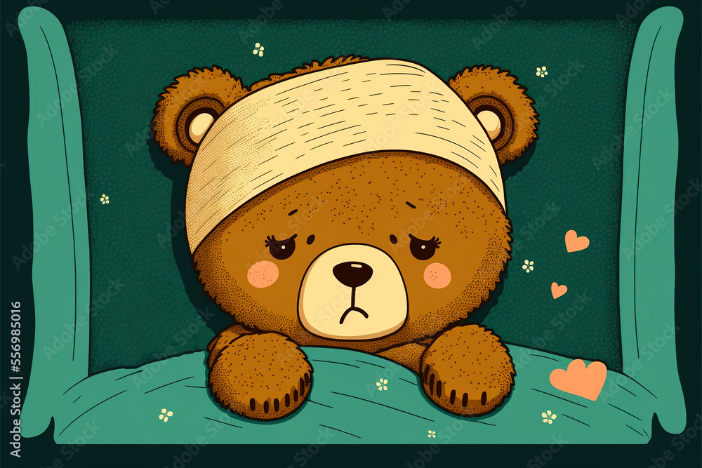 Teddy bear feeling sick and laying in bed. Generative AI. Stock ...