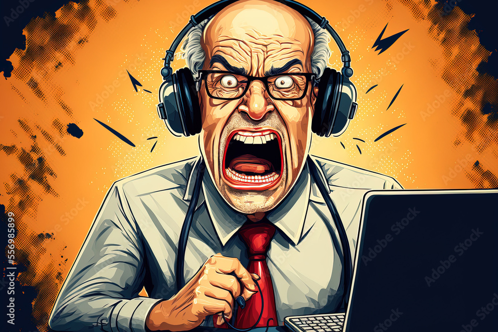 angry businessman playing computer game with headphones on and using a ...
