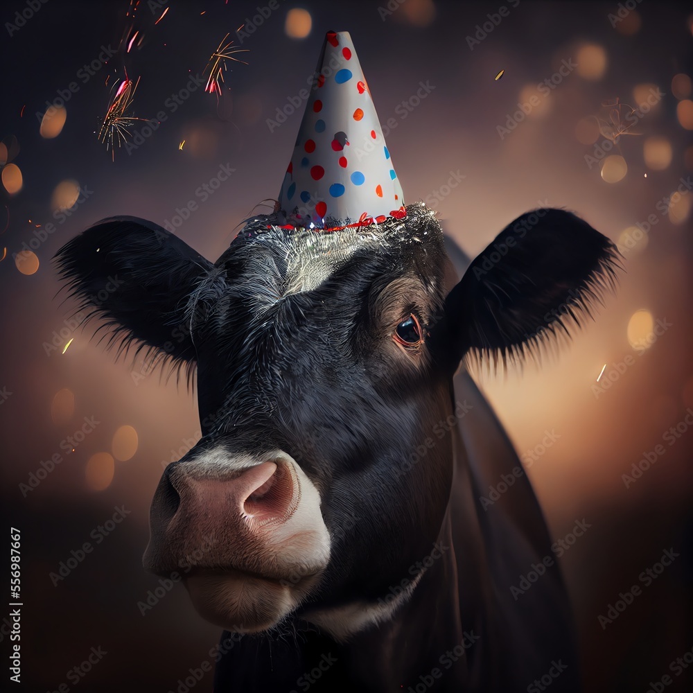 Cow at a New Year's Eve party with fireworks. Generative AI Stock ...