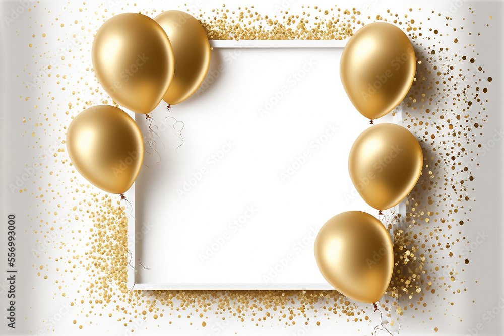 Gold shiny confetti and gold balloons on white background, middle has ...