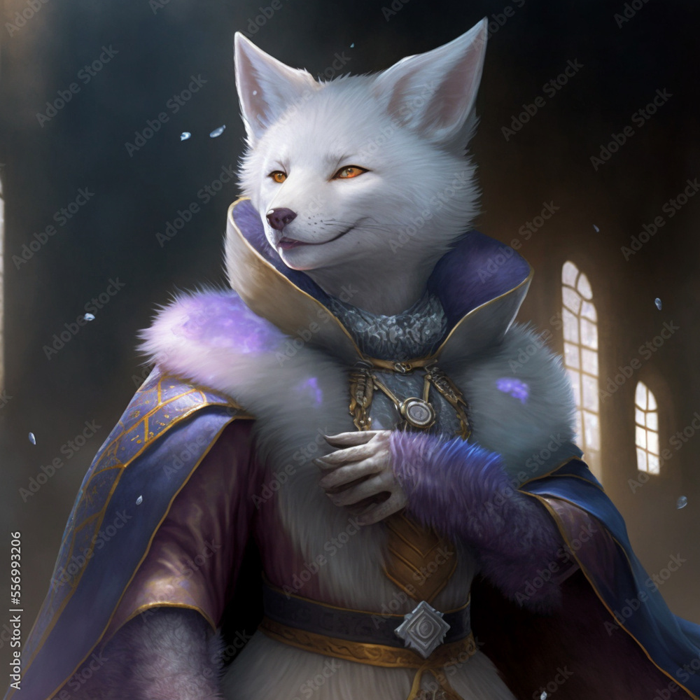 a female white fur fox cleric, covered in magical aura, dungeons and ...