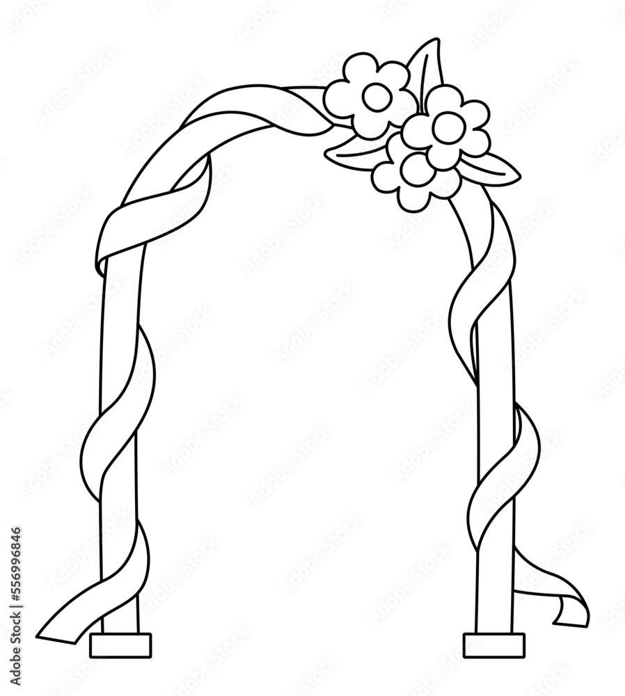 Vector black and white wedding arch with flowers and ribbon. Cute line ...