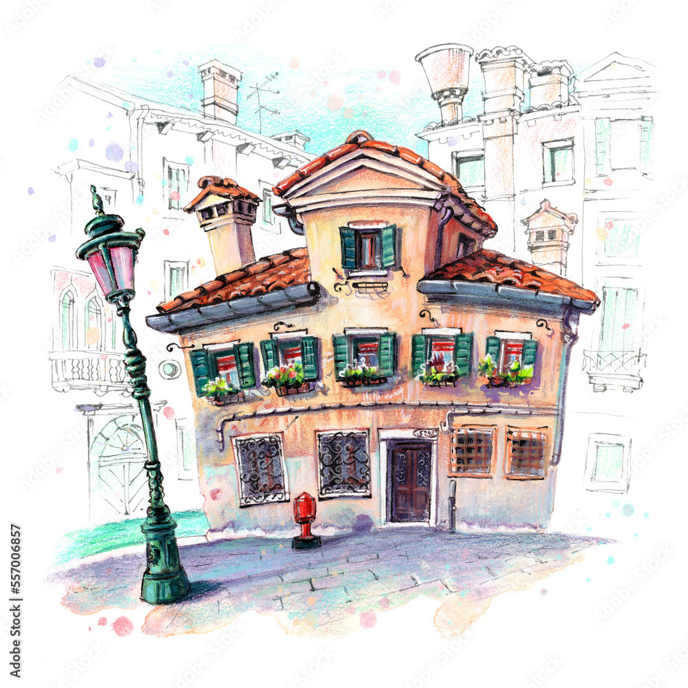 Watercolor sketch of Typical Venetian house in Castello district ...