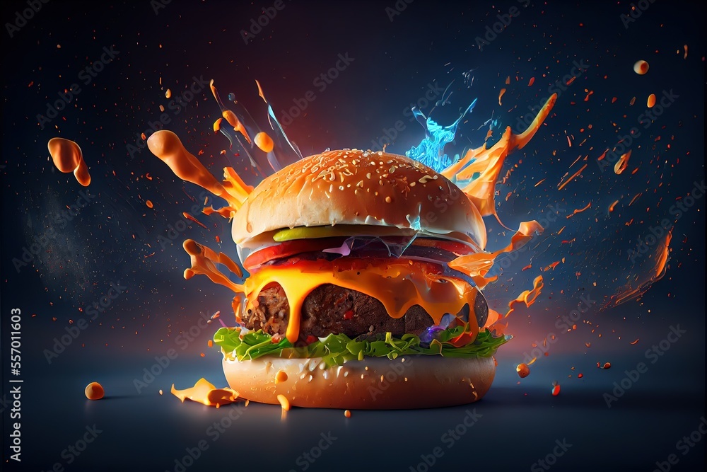 Hamburger, burger exploding photoshoot, macro photography food, food photography, a burger with ...