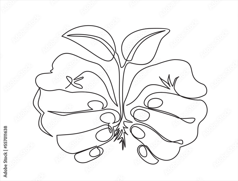 Single continuous line of hands holding tree leaf. Plant leaves grow ...